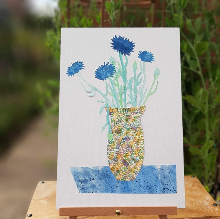 Cornflowers in a Vase Paper Collage - Folksy