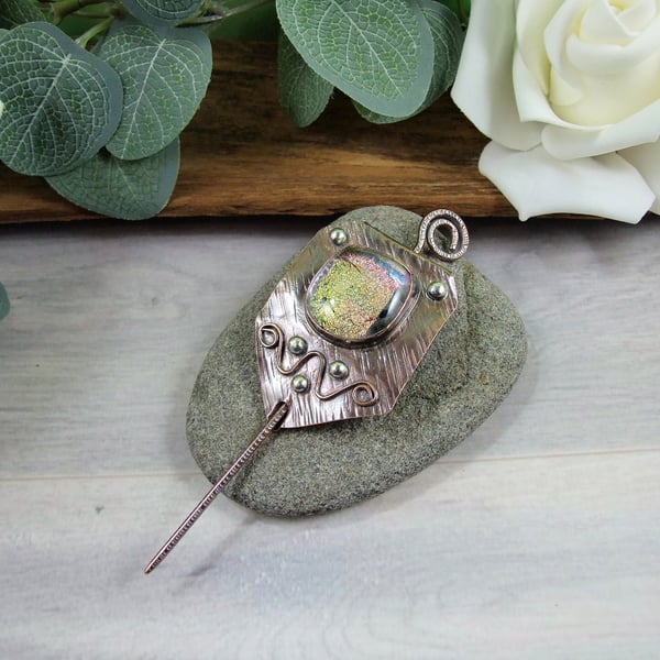 Shawl Pin Brooch. Copper with Artisan Dichroic ... - Folksy