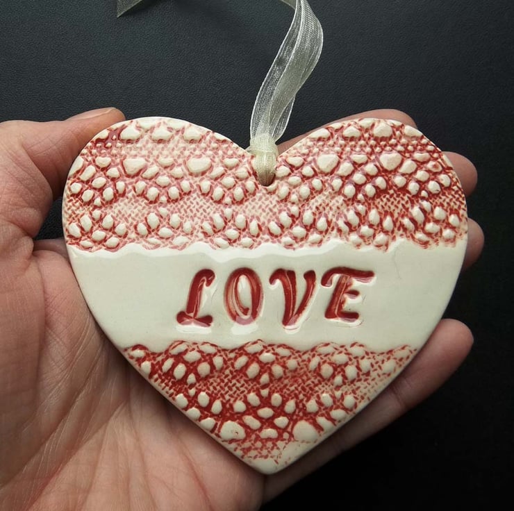 SALE Lace print LOVE ceramic heart - Folksy