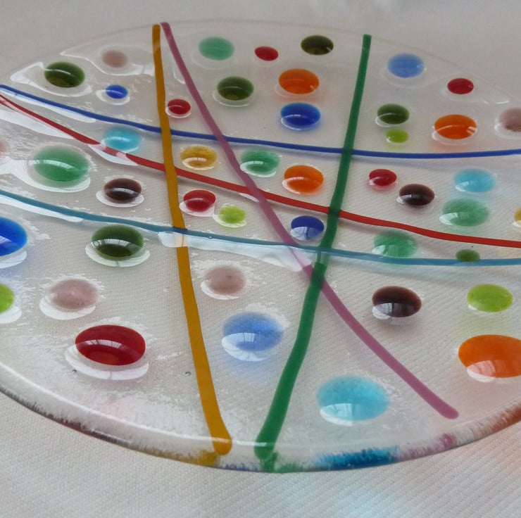colourful line and dot design fused glass plate... - Folksy