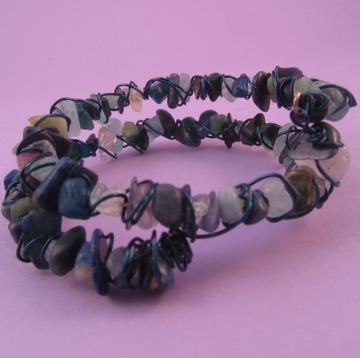 Blue Gemstone Wire Wrapped Memory Wire Bracelet... - Folksy