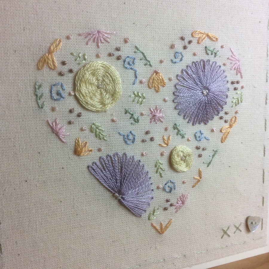 Floral heart in pastels hand embroidered card - Folksy
