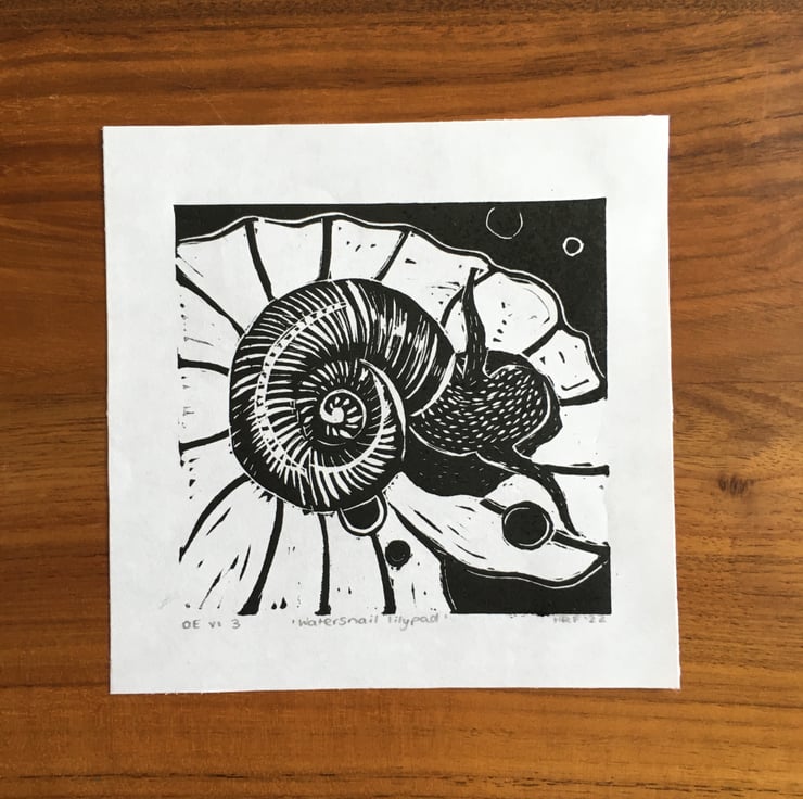 Water snail Lily pad linocut print - nature ins... - Folksy