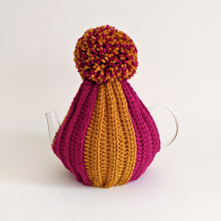 Teapot Tea Cosy - With pompom in Pink & Mus... - Folksy