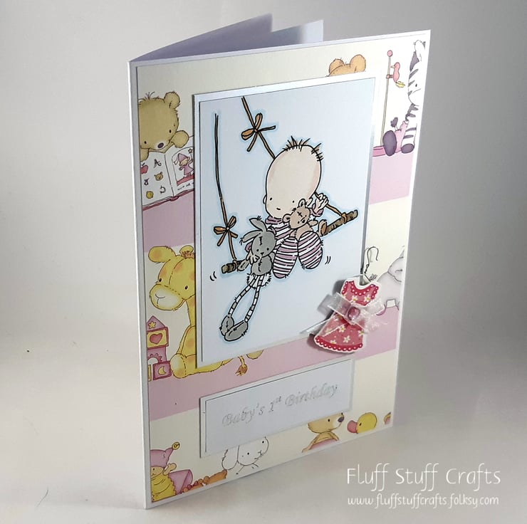 Handmade baby's first birthday card - on the swing - Folksy