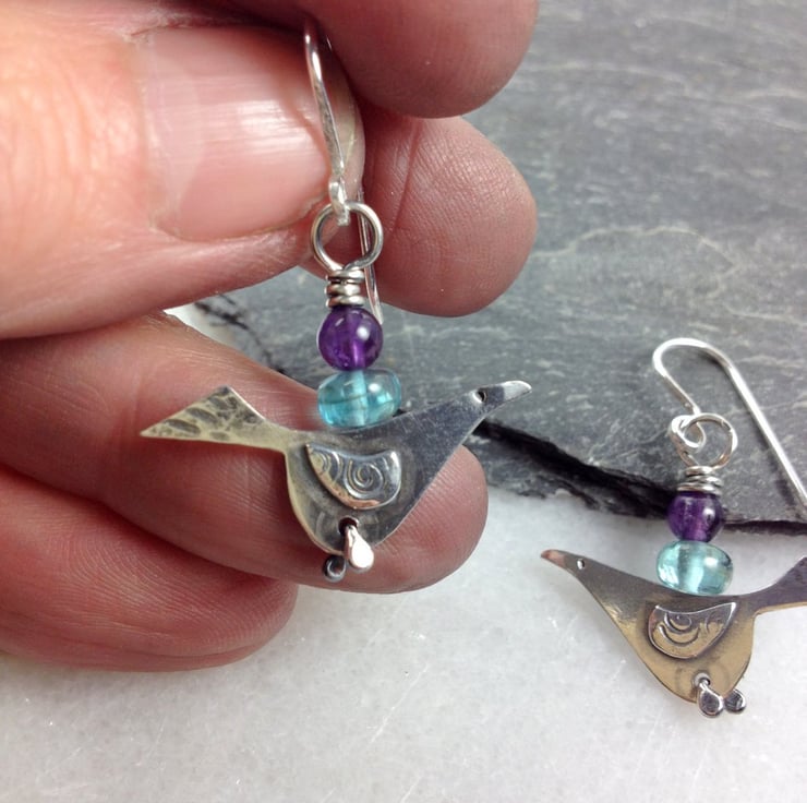 silver blackbird earrings with apatite and amet... - Folksy