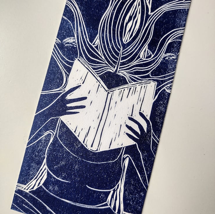 'Untamed' linocut bookmark in blue - Folksy