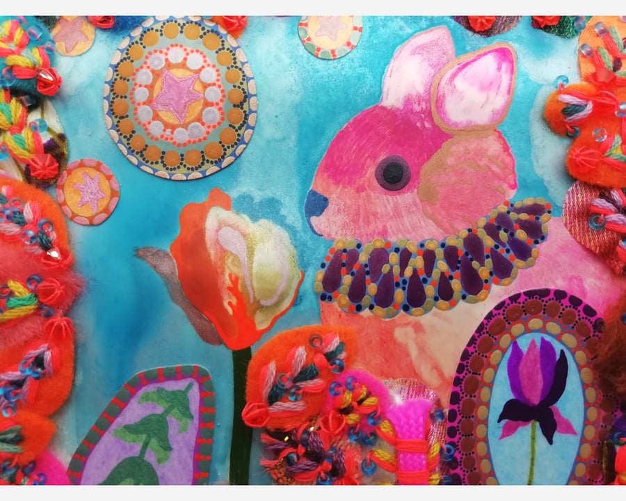 Original Pink Bunny Rabbit Painting with Textil... - Folksy