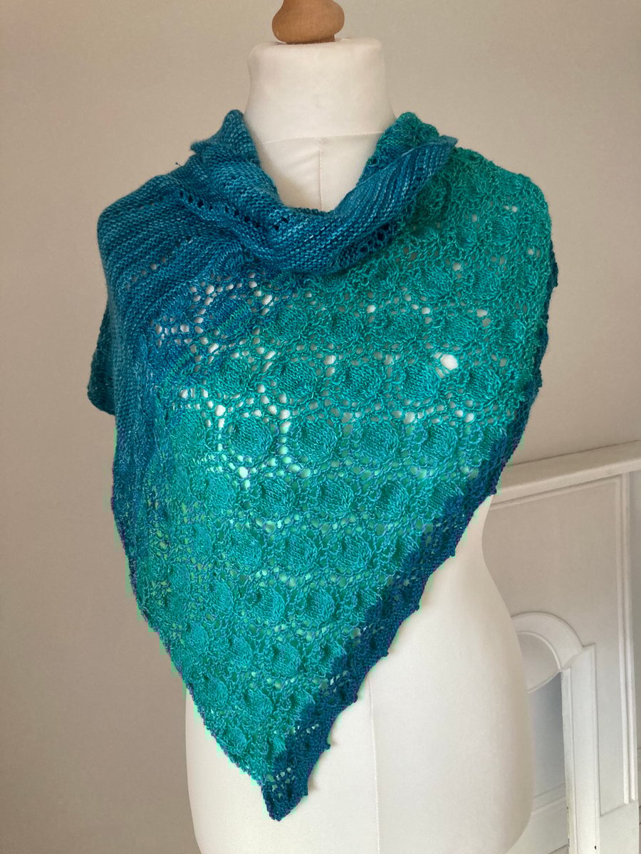 Teal and blue dotty triangular shawl - Folksy