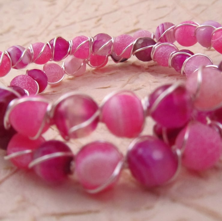 Pink Agate Wire Wrapped Memory Wire Bracelet - Folksy