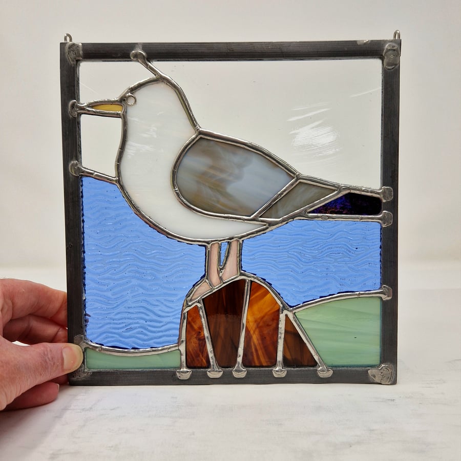 Stained glass gull, seagull on a rock panel. Co... - Folksy