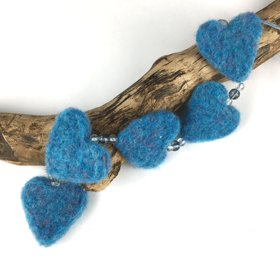 Needle felted hanging hearts , Blue - Folksy