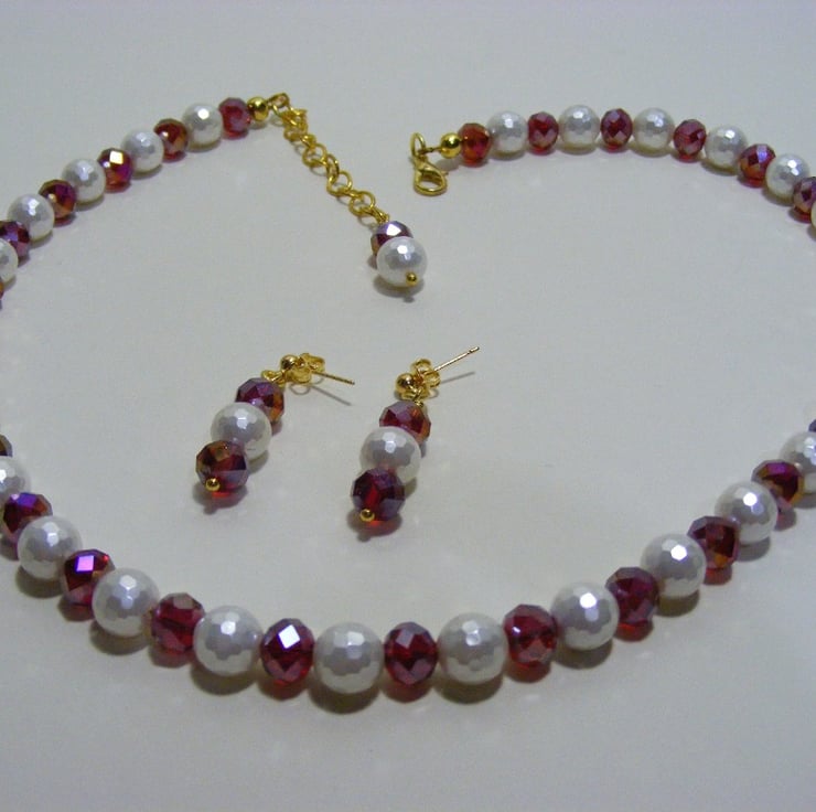Shell Pearl and Ruby Red Crystal Jewellery Set - Folksy