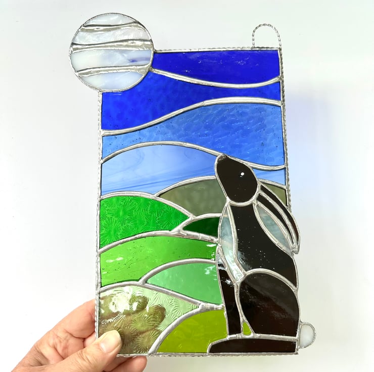 Stained Glass Hare Panel - Moon Gazing Hare - W... - Folksy