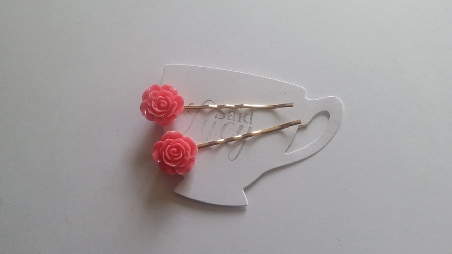 Pink rose resin bobby pins - Folksy