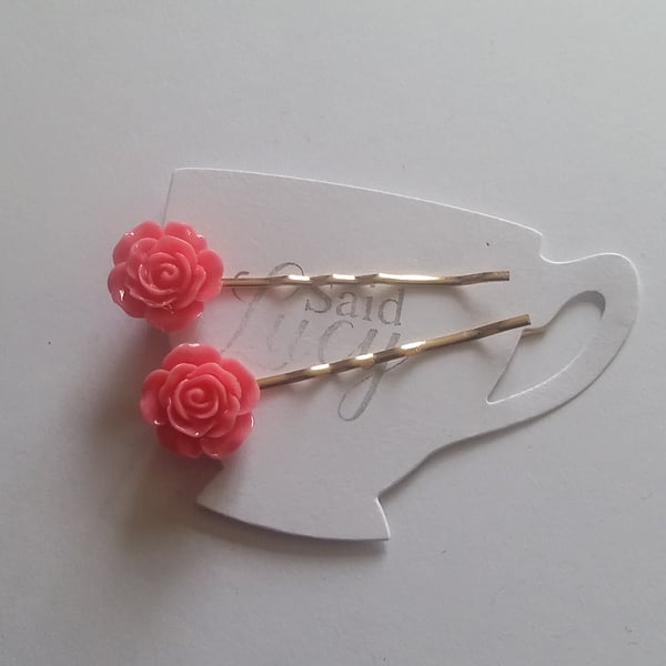 Pink rose resin bobby pins - Folksy