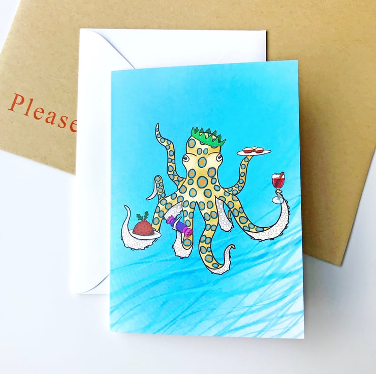 Octopus Christmas Party Illustration A6 Card - Folksy