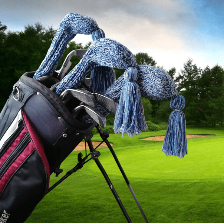 Shades of blue knitted golf headcovers - Folksy