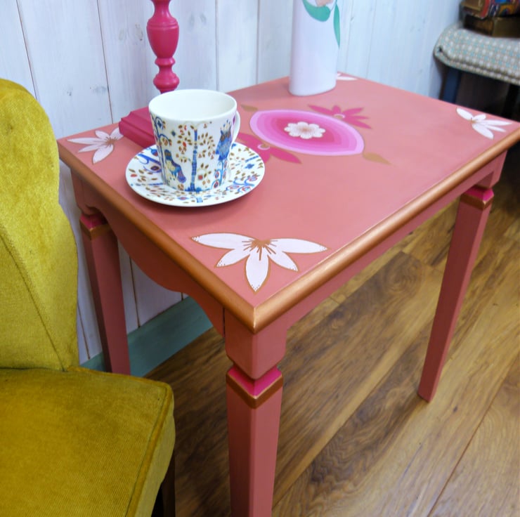 Pink hand painted coffee table in unique floral... - Folksy