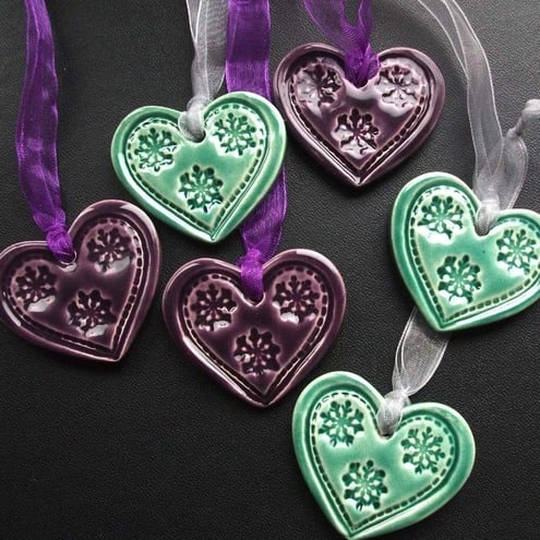 Set of six ceramic heart decorations - Folksy