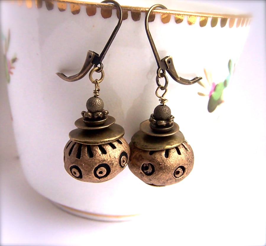 Rustic earrings, golden terracotta beads, Aztec... - Folksy
