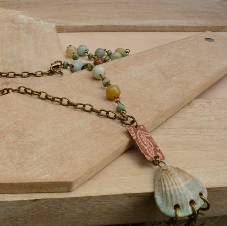 Ceramic Shell Pendant with Embossed Copper, Ama... - Folksy