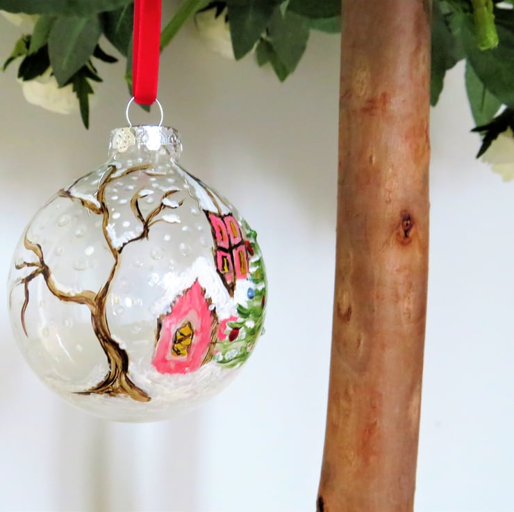 Glass Christmas bauble, large 'church at Christ... - Folksy