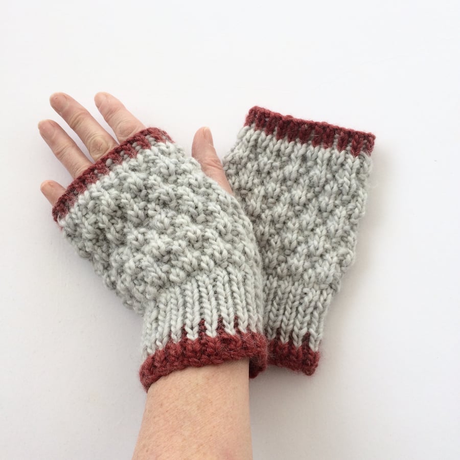 Light Grey Fingerless gloves with red trim - Folksy