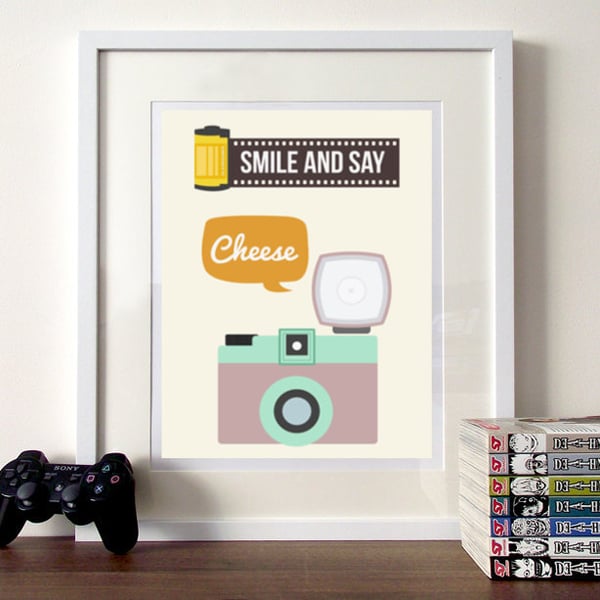 Camera illustration art quote A3 - Smile and s... - Folksy