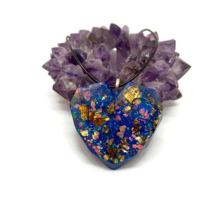 Blue and gold glitter large heart pendant on a ... - Folksy
