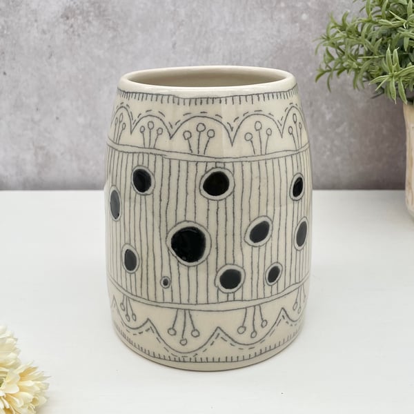 Monochrome Vase with Abstract Flower & Spot... - Folksy