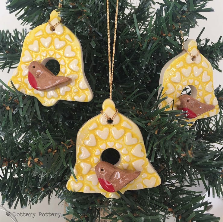 Ceramic Robin sitting on a bell Pottery robin C... - Folksy