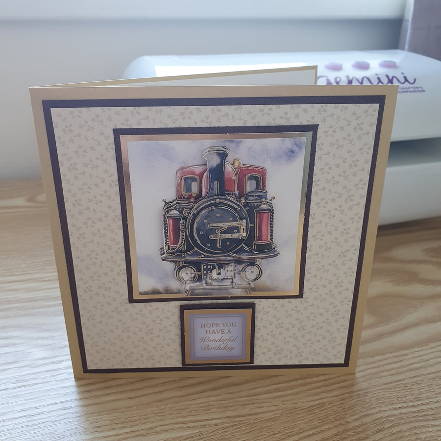 Decoupage steam engine birthday card for him - Folksy