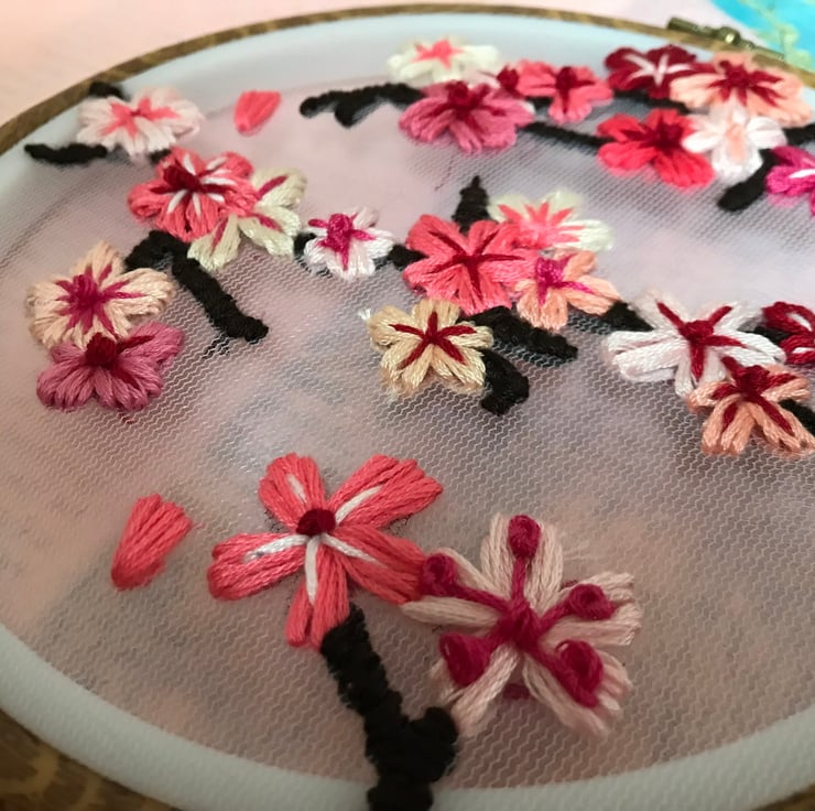 Sakura cherry blossom hand embroidery wall art - Folksy