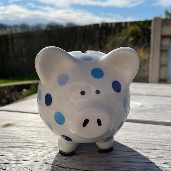 White Piggy Bank with Blue Polka Dot Spots, Sma... - Folksy