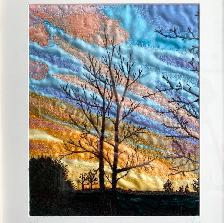 Embroidered sunrise sky with trees fabric colla... - Folksy