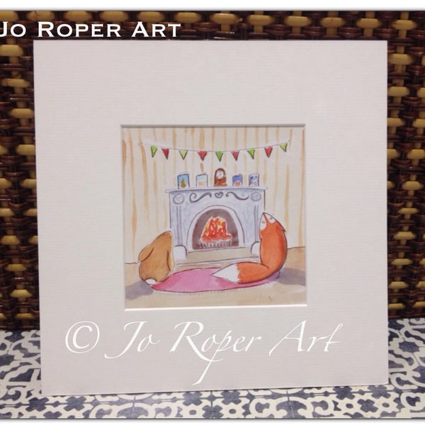 Fox and Bunny by the fire mounted print Jo Roper - Folksy