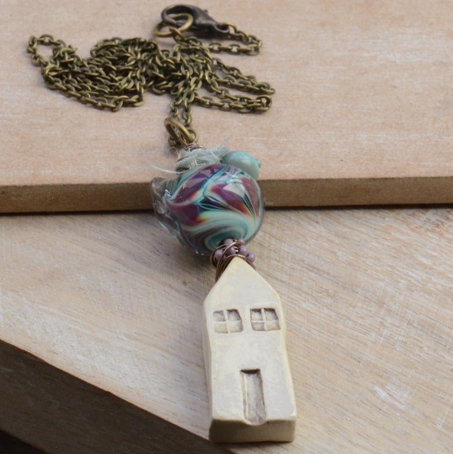 Ceramic House Pendant Necklace with Lampwork Gl... - Folksy