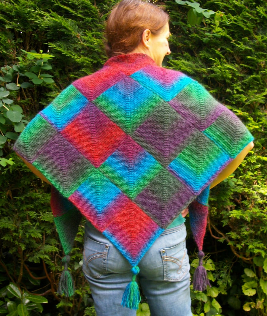 Hand Knit Triangular Shawl in Red, Green, Blue ... - Folksy