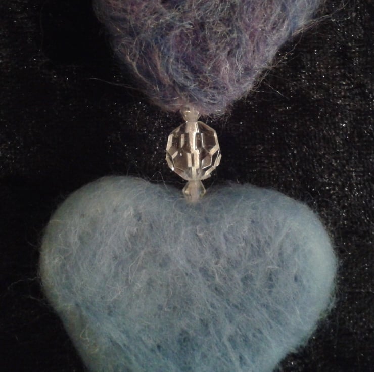 Needle felted hanging hearts (blue) - Folksy