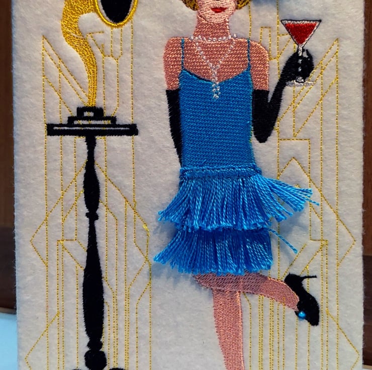 Flapper Girl embroidered Card - with yellow, re... - Folksy