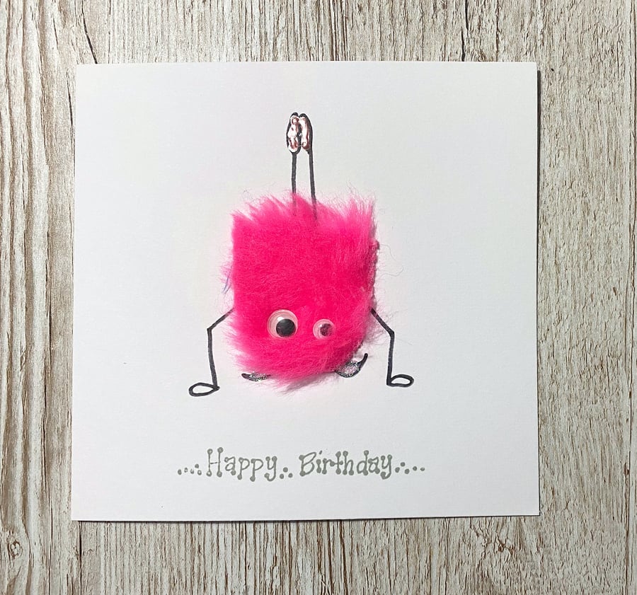 Birthday card - pink mini monster gymnast acrobat - Folksy