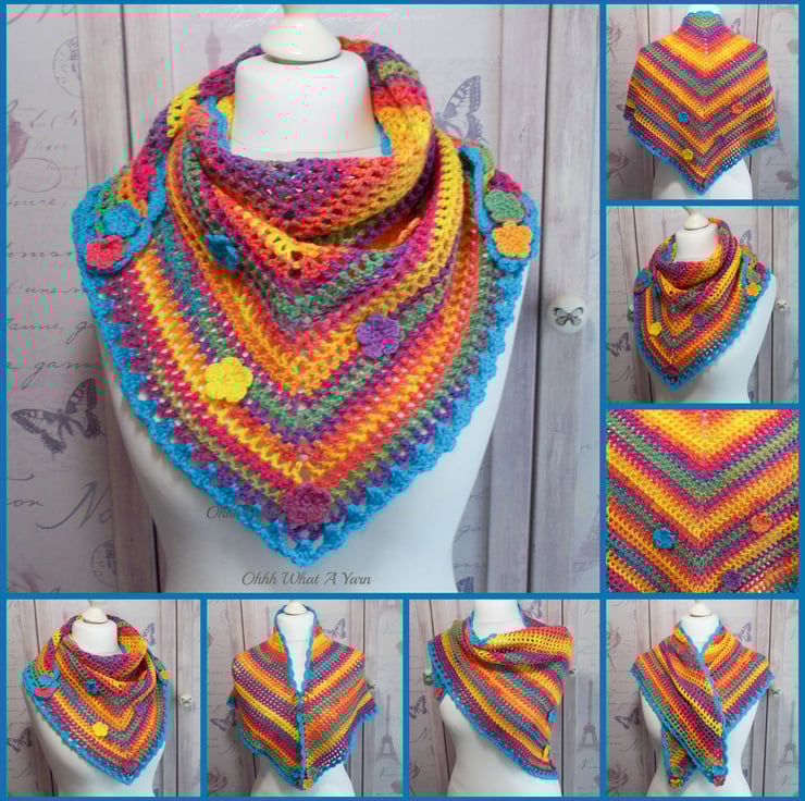 Bright rainbow crochet shawl, scarf, shawlette,... - Folksy