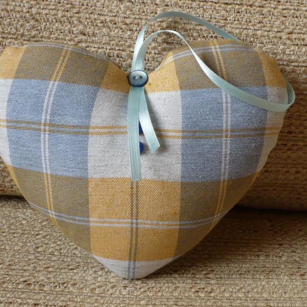 Blue and Yellow Check Hanging Heart - Folksy