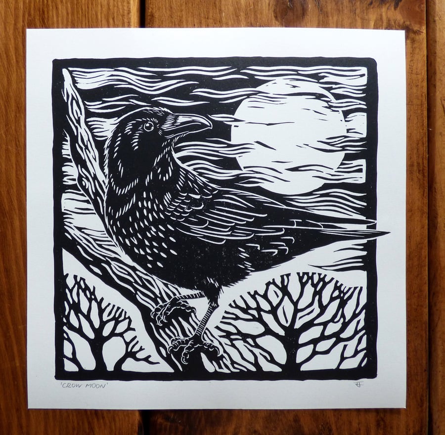 Crow Moon - lino print of a crow and winter ful... - Folksy