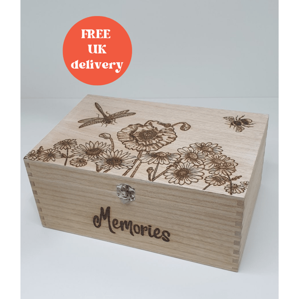 Memory box, keepsake box, pyrography wildflower... - Folksy