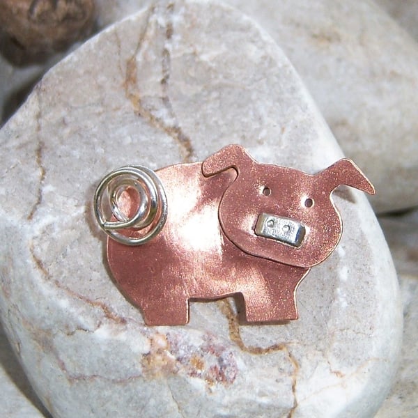 Copper pig brooch - Folksy