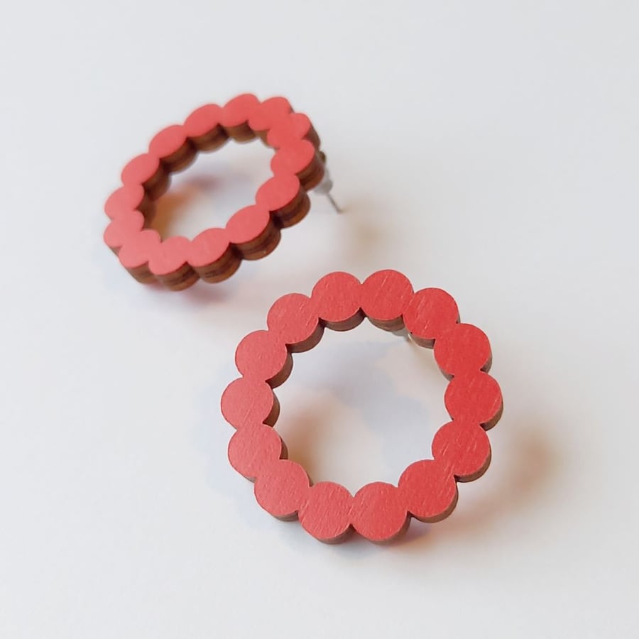 Sara Loop Stud Earrings Red Sustainable Gift - Folksy