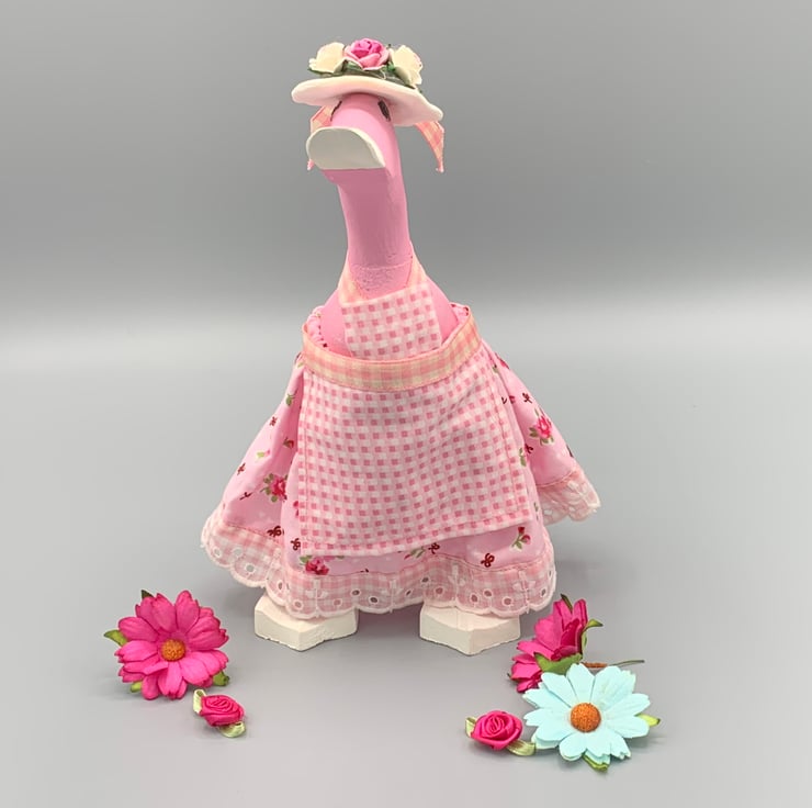 Wooden duck in pink and white, wearing a rose p... - Folksy