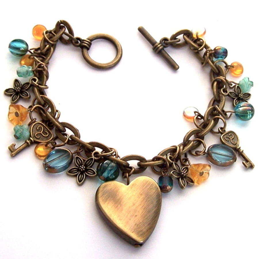 Vintage Style Brass Charm Bracelet with Heart, ... - Folksy